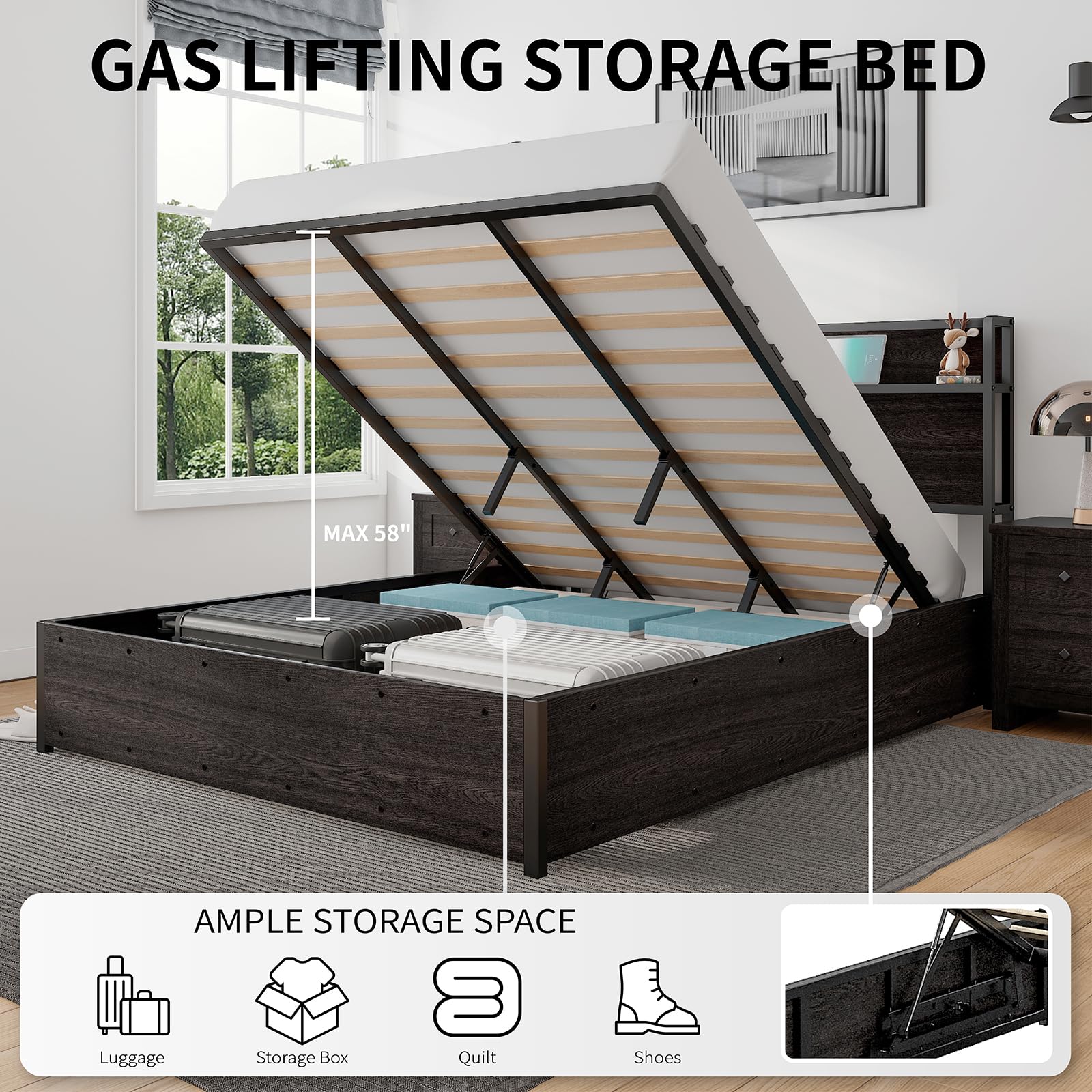 LUXOAK King Size Lift Up Storage Bed, Wood Platform Bed Frame with Storage Headboard & Charging Station, No Box Spring Needed, Easy Assembly, Black