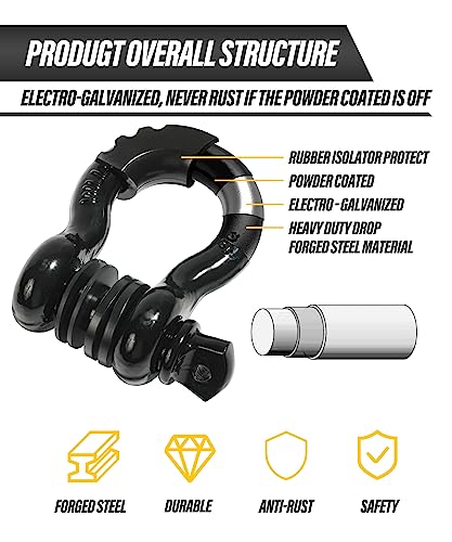 Reswish ESEWALAS 2 Pack 3/4" Shackles,41,887Ibs Break Strength with 7/8" Screw Pin and Shackle Isolator Washers Kit,Offroad Towing Accessories,Heavy Duty D Ring Shackle (Black)