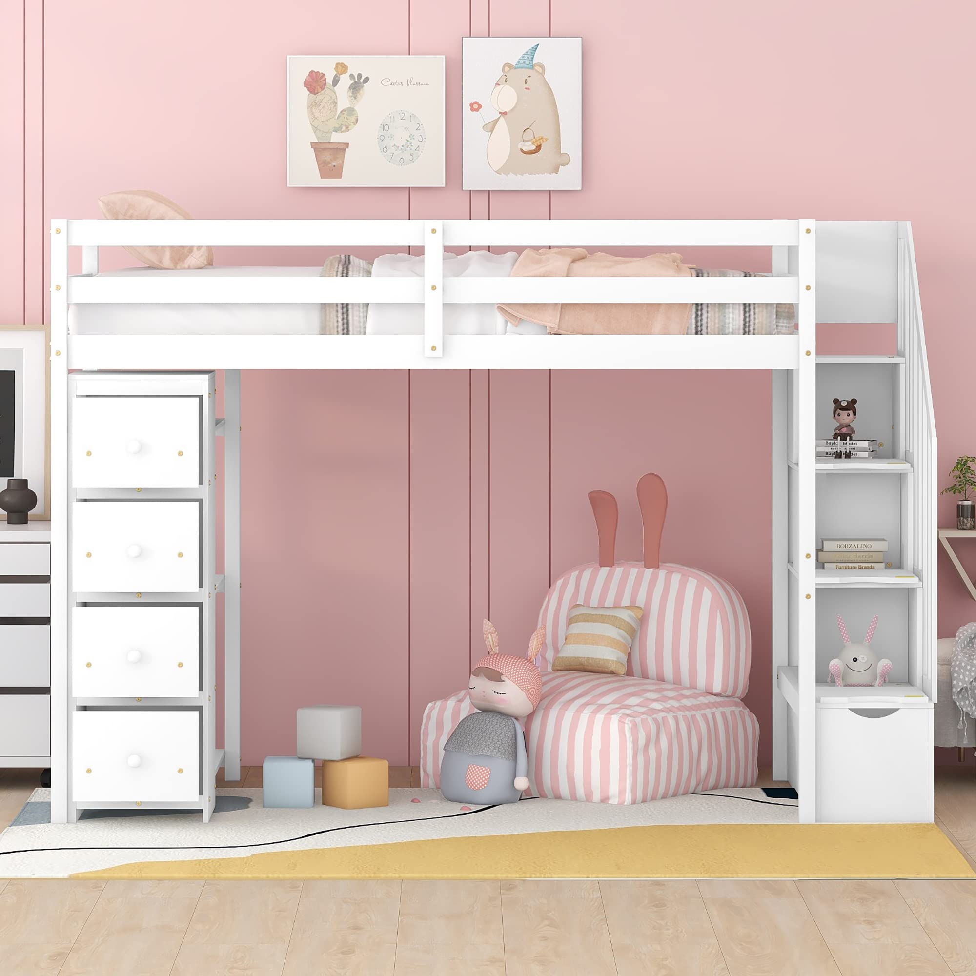BIADNBZ Wooden Twin Size Loft Bed with Stairs, Drawers and Shelves, Multifunctional Storage LoftBed Frame for Kids Teens Adults Bedroom, White