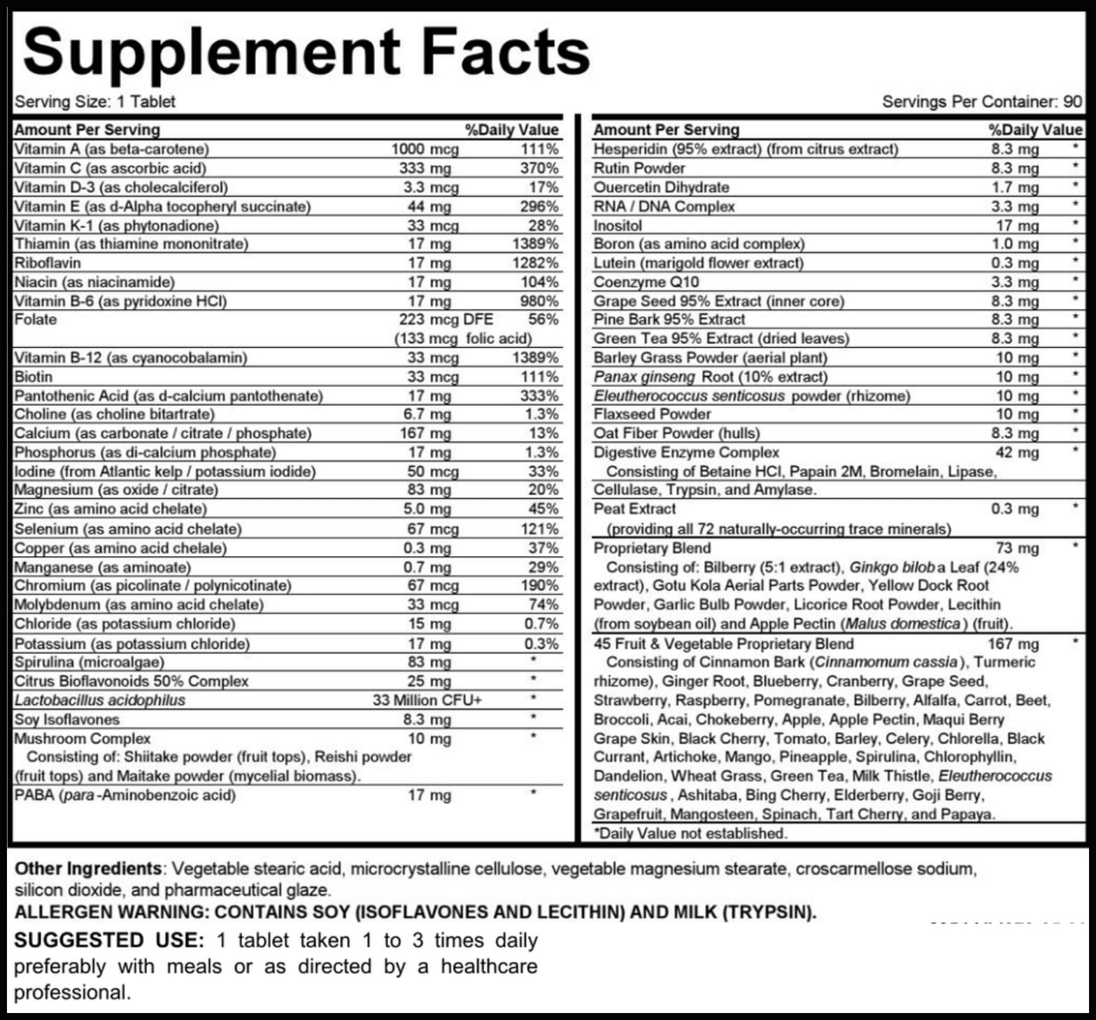 MEGAV-1 Multi-Vitamin, Superfood & Minerals - Daily Multivitamin with Probiotics, Digestive Enzyme, Mushroom Complex for Heart Health, Immune Support, Energy & Stamina - 90 Tablets