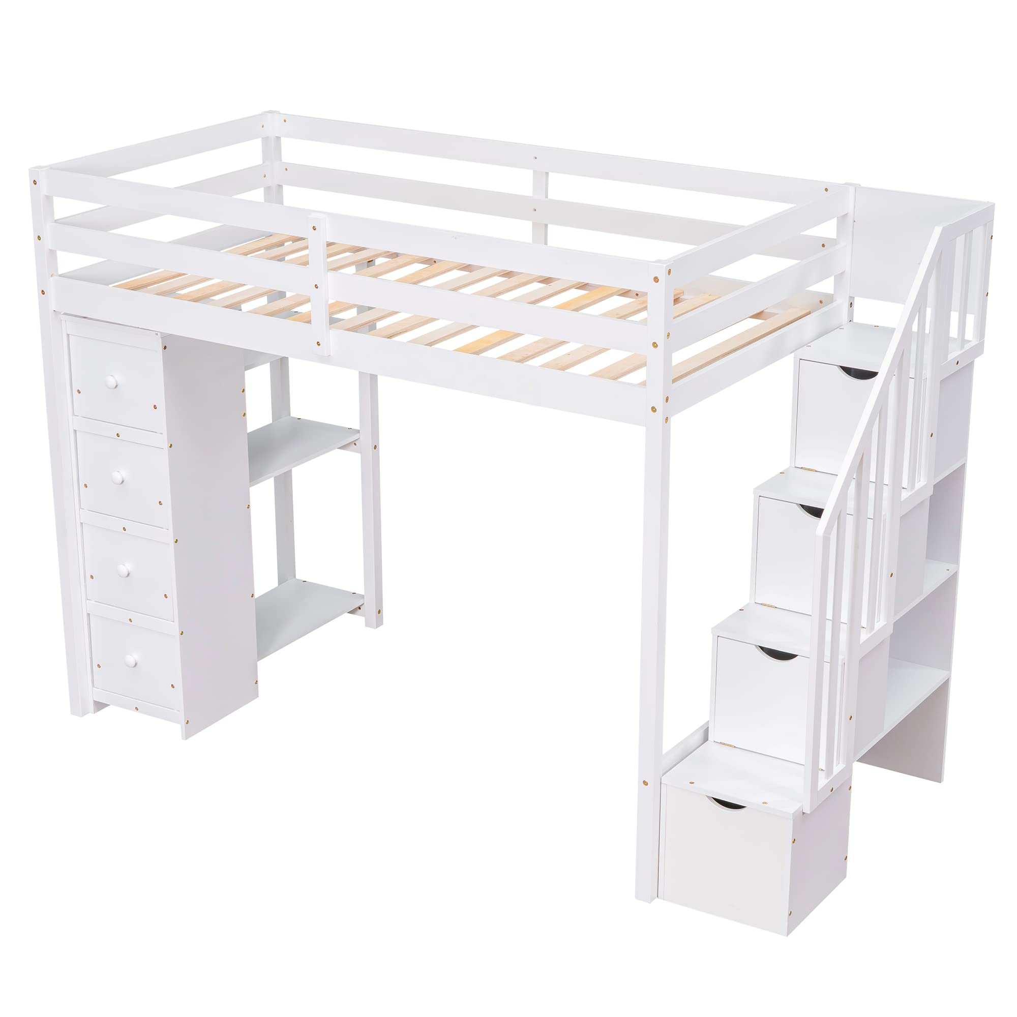 BIADNBZ Wooden Twin Size Loft Bed with Stairs, Drawers and Shelves, Multifunctional Storage LoftBed Frame for Kids Teens Adults Bedroom, White