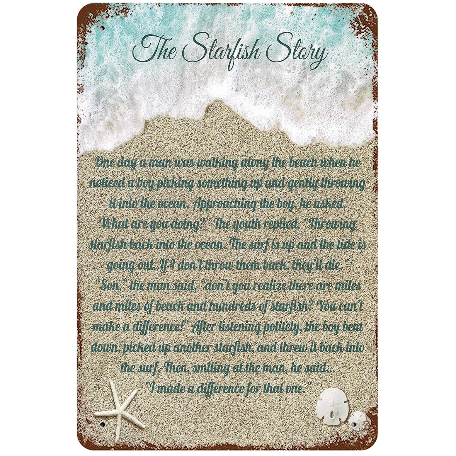 Metal Tin Sign 8"x12" Vintage The Merch Starfish Gift Story, Wall Decor Quotes You Can Make A Difference, Coastal Beach Sand Poster Art for Home Living Room Bedroom Garden Garage Office