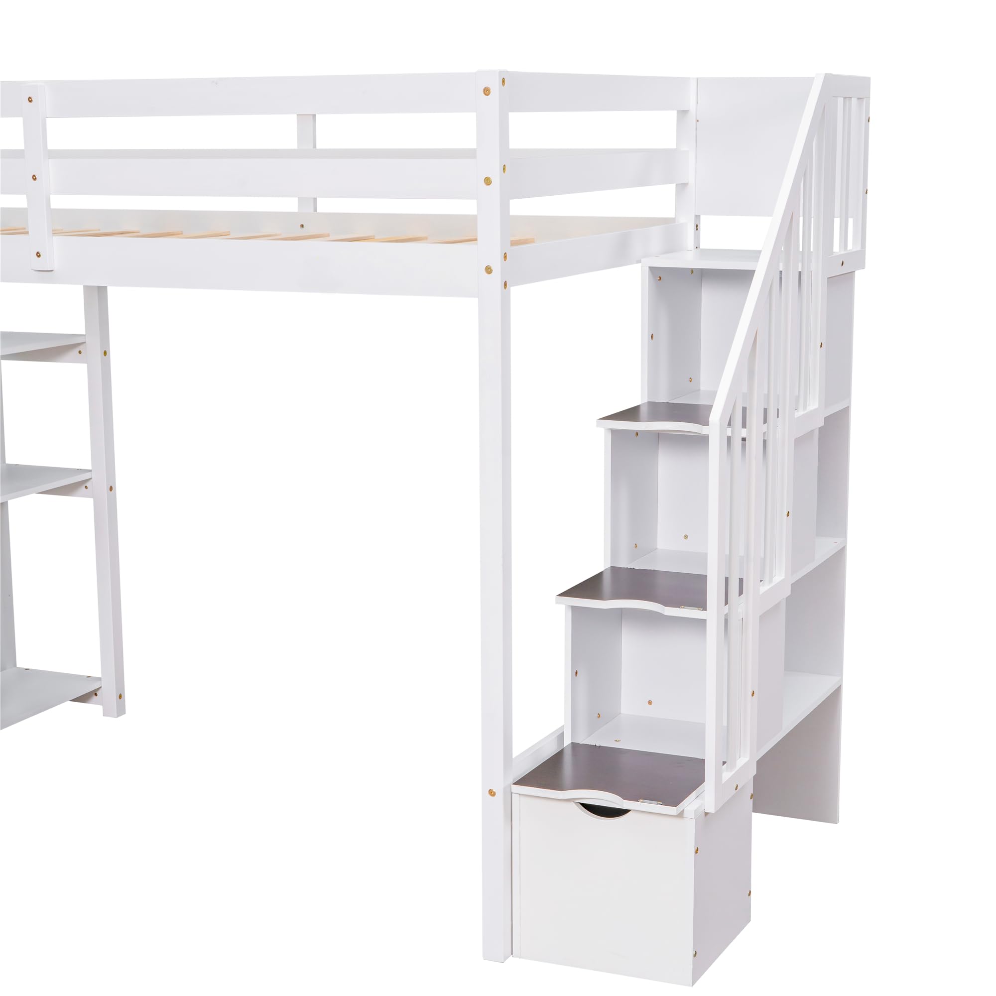 BIADNBZ Wooden Twin Size Loft Bed with Stairs, Drawers and Shelves, Multifunctional Storage LoftBed Frame for Kids Teens Adults Bedroom, White