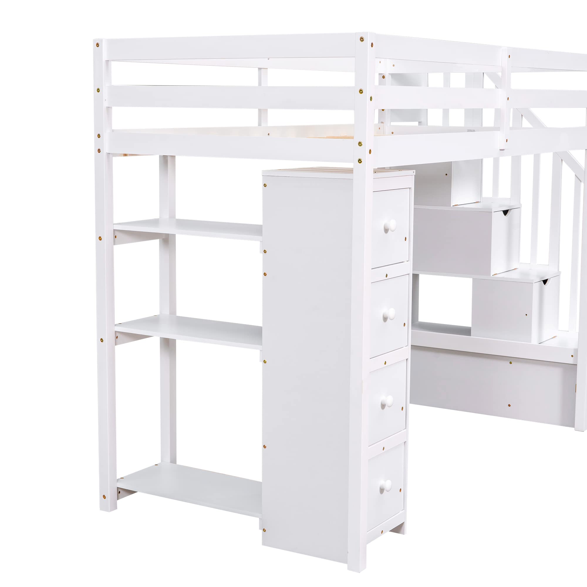 BIADNBZ Wooden Twin Size Loft Bed with Stairs, Drawers and Shelves, Multifunctional Storage LoftBed Frame for Kids Teens Adults Bedroom, White