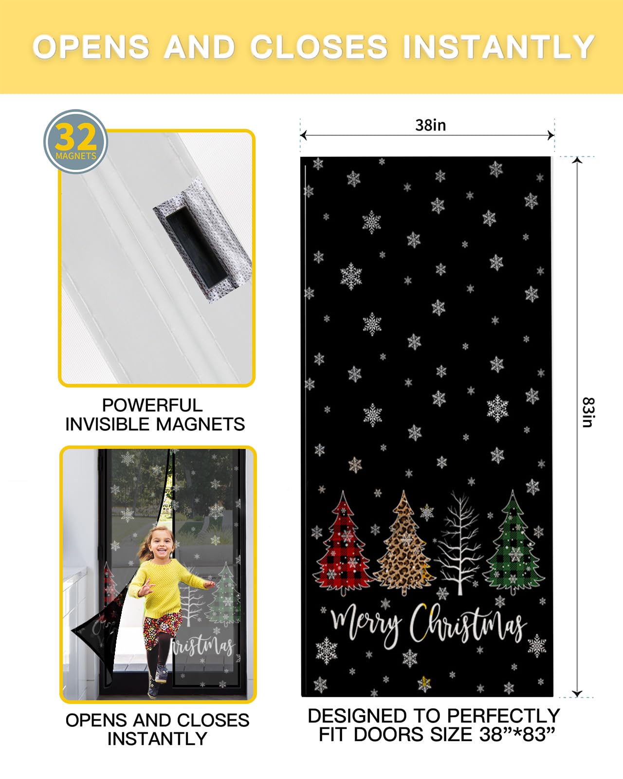 OComster Black Christmas Tree Magnetic Screen Door, Xmas Tree Winter Snowflake Hands Free Screen Mesh Size 38" x 83", Reinforce Heavy Duty Mesh Screen Doors for Patio/Front/Sliding Door