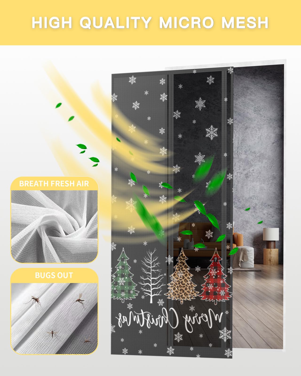 OComster Black Christmas Tree Magnetic Screen Door, Xmas Tree Winter Snowflake Hands Free Screen Mesh Size 38" x 83", Reinforce Heavy Duty Mesh Screen Doors for Patio/Front/Sliding Door
