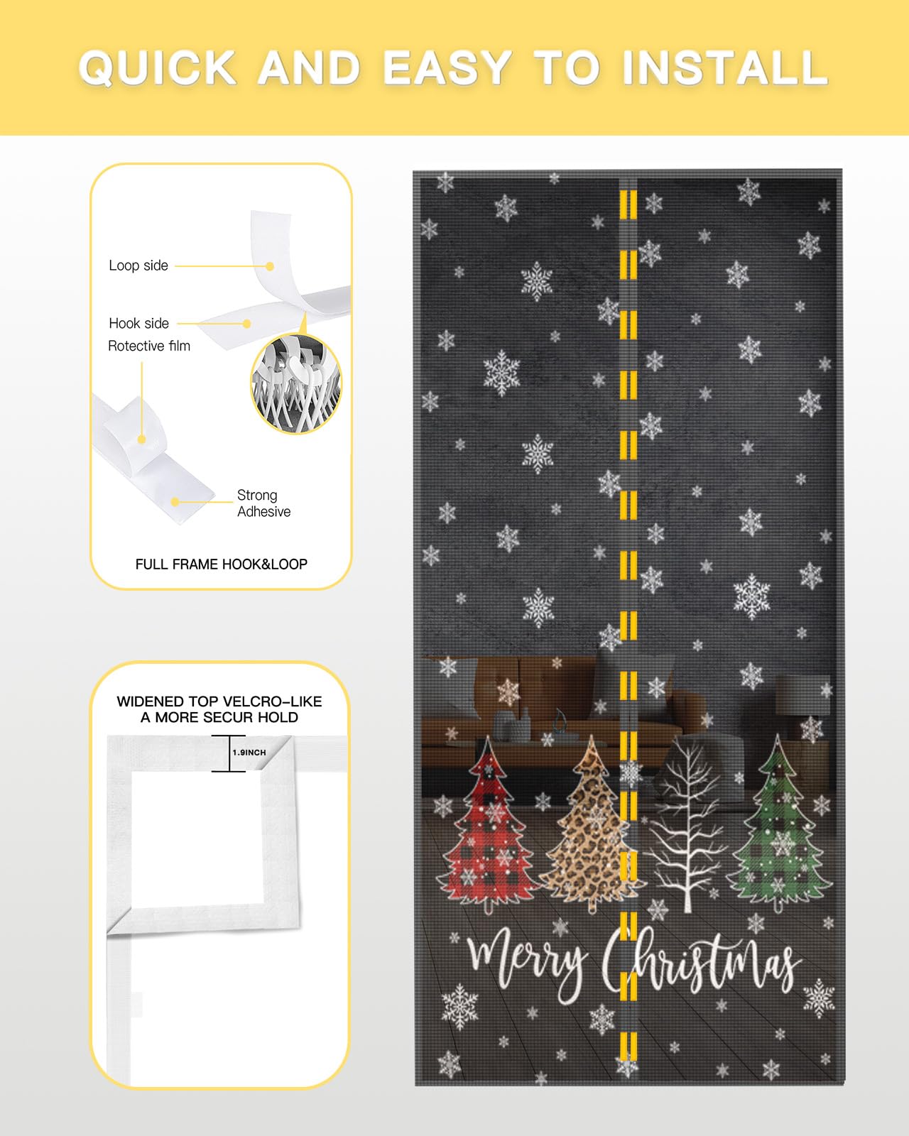 OComster Black Christmas Tree Magnetic Screen Door, Xmas Tree Winter Snowflake Hands Free Screen Mesh Size 38" x 83", Reinforce Heavy Duty Mesh Screen Doors for Patio/Front/Sliding Door