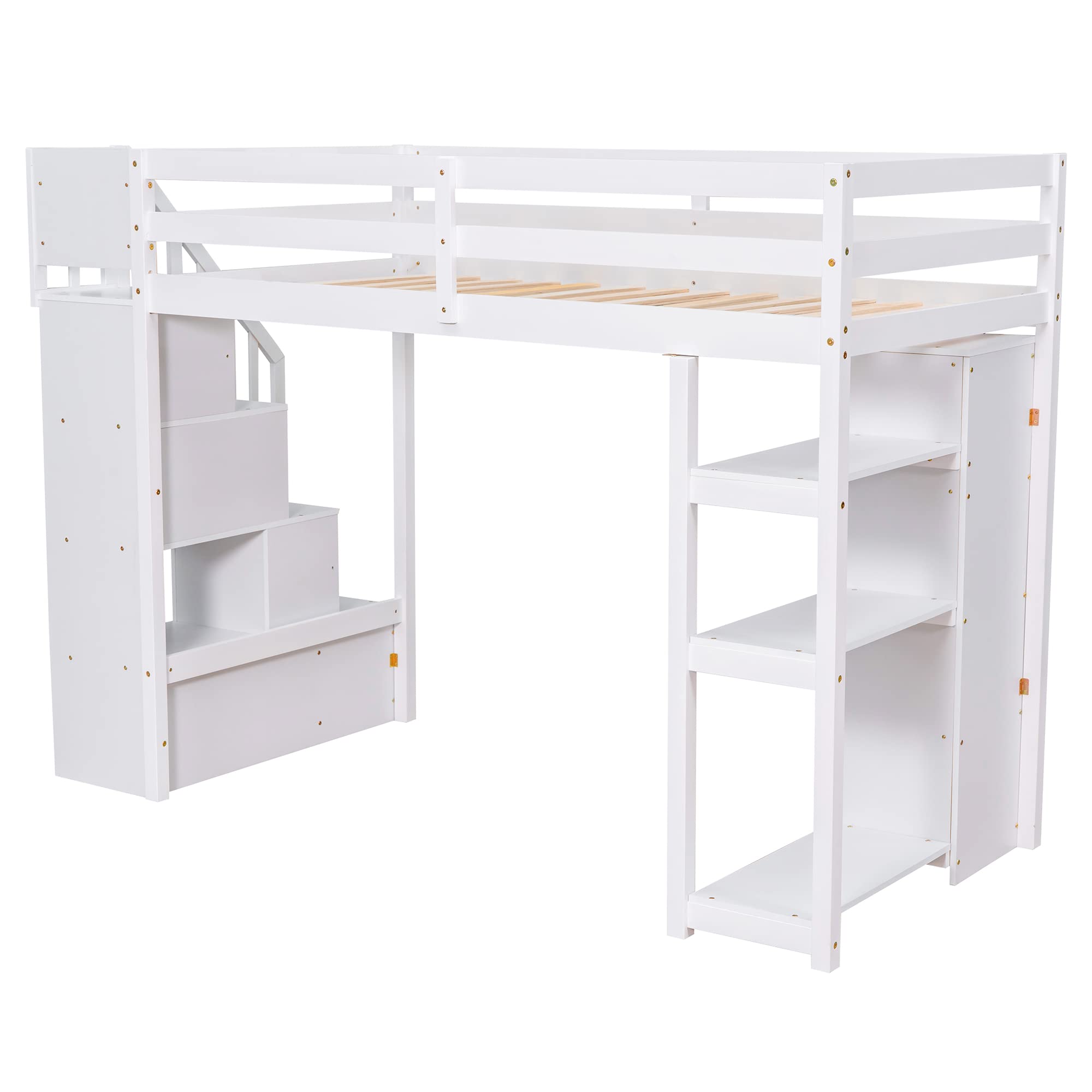 BIADNBZ Wooden Twin Size Loft Bed with Stairs, Drawers and Shelves, Multifunctional Storage LoftBed Frame for Kids Teens Adults Bedroom, White