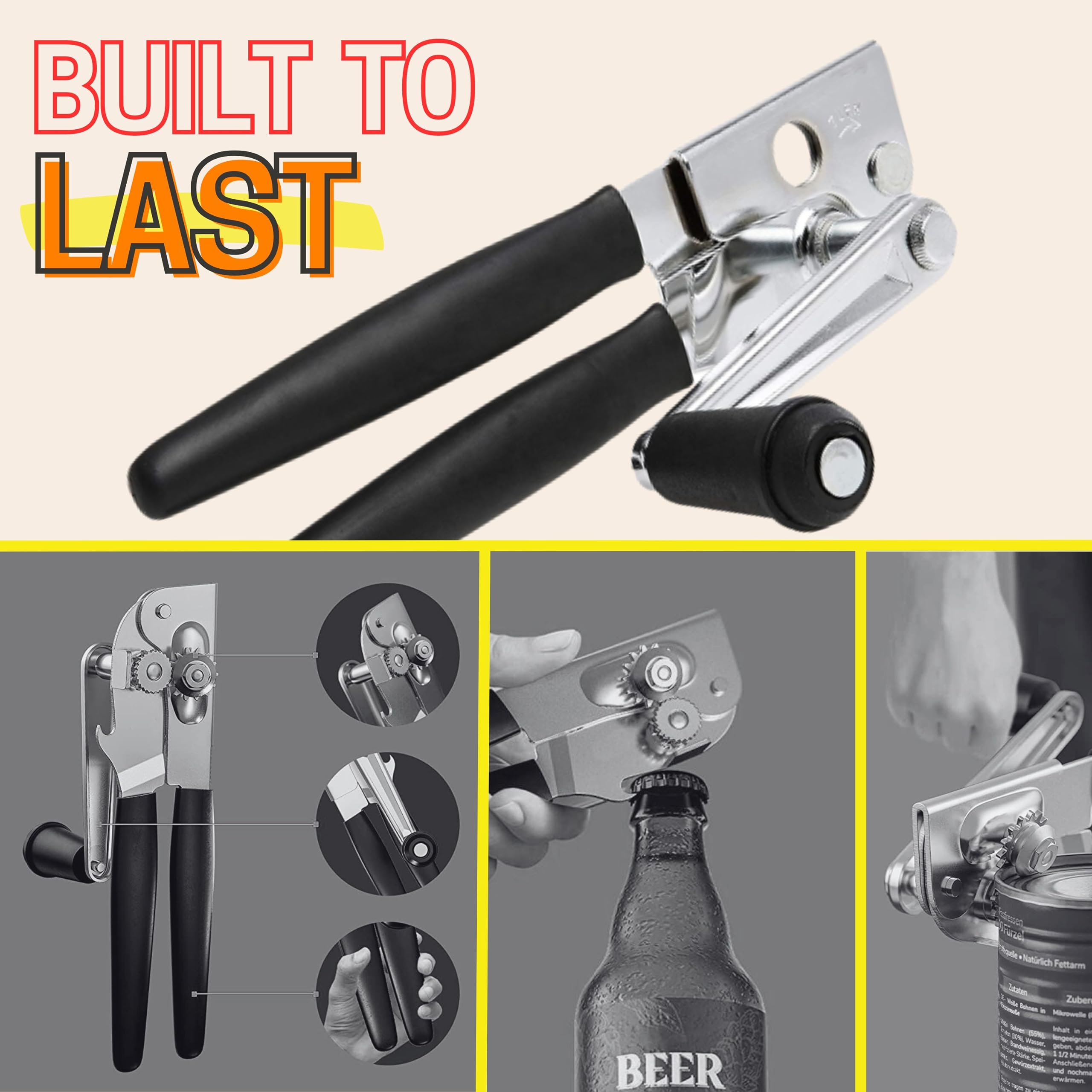 LUSAN STORE Crank Handle Commercial Can Opener - Heavy Duty Manual Can Opener with Ergonomic Cushioned Non-Slip Handles, Smooth Edge with Stainless Steel Blade