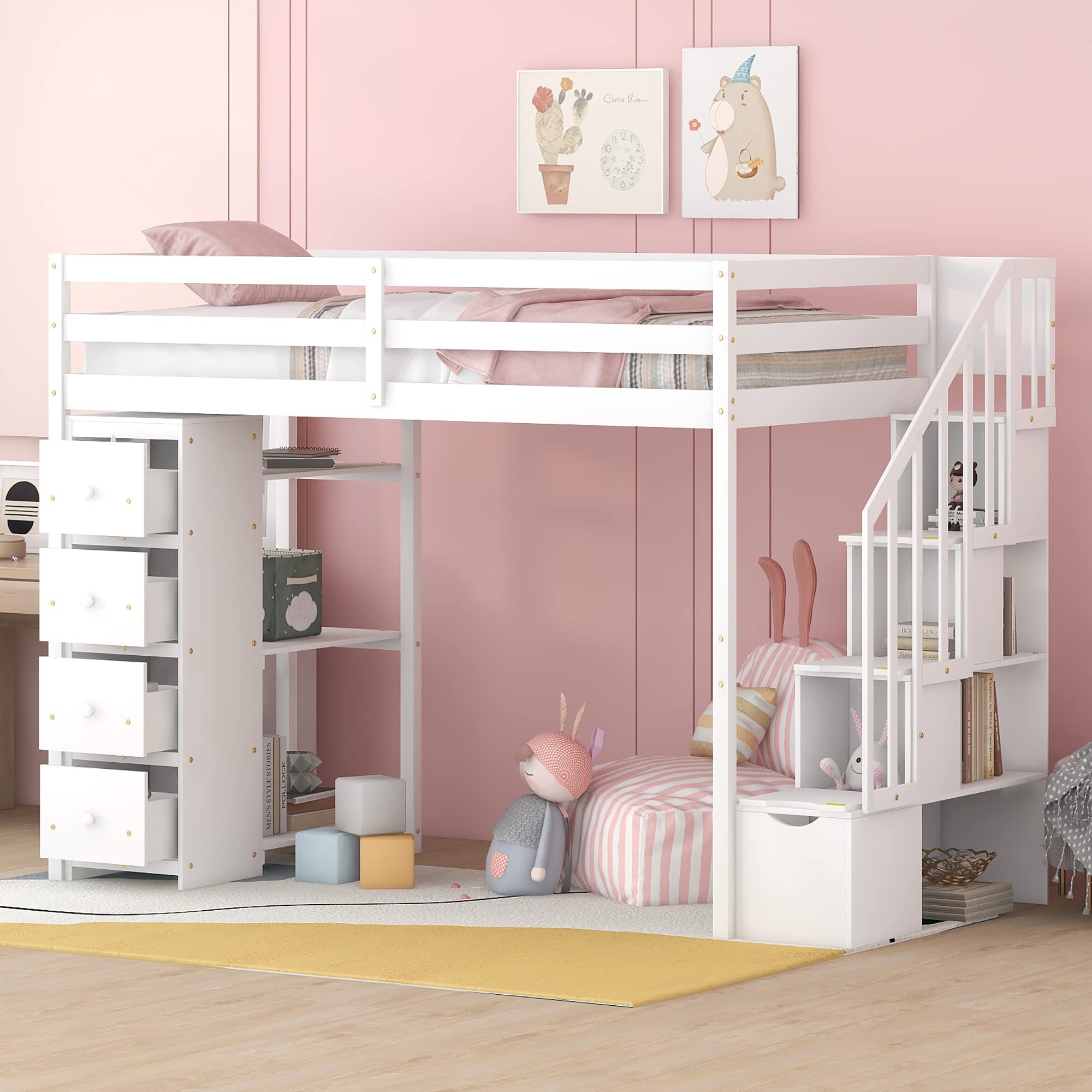 BIADNBZ Wooden Twin Size Loft Bed with Stairs, Drawers and Shelves, Multifunctional Storage LoftBed Frame for Kids Teens Adults Bedroom, White