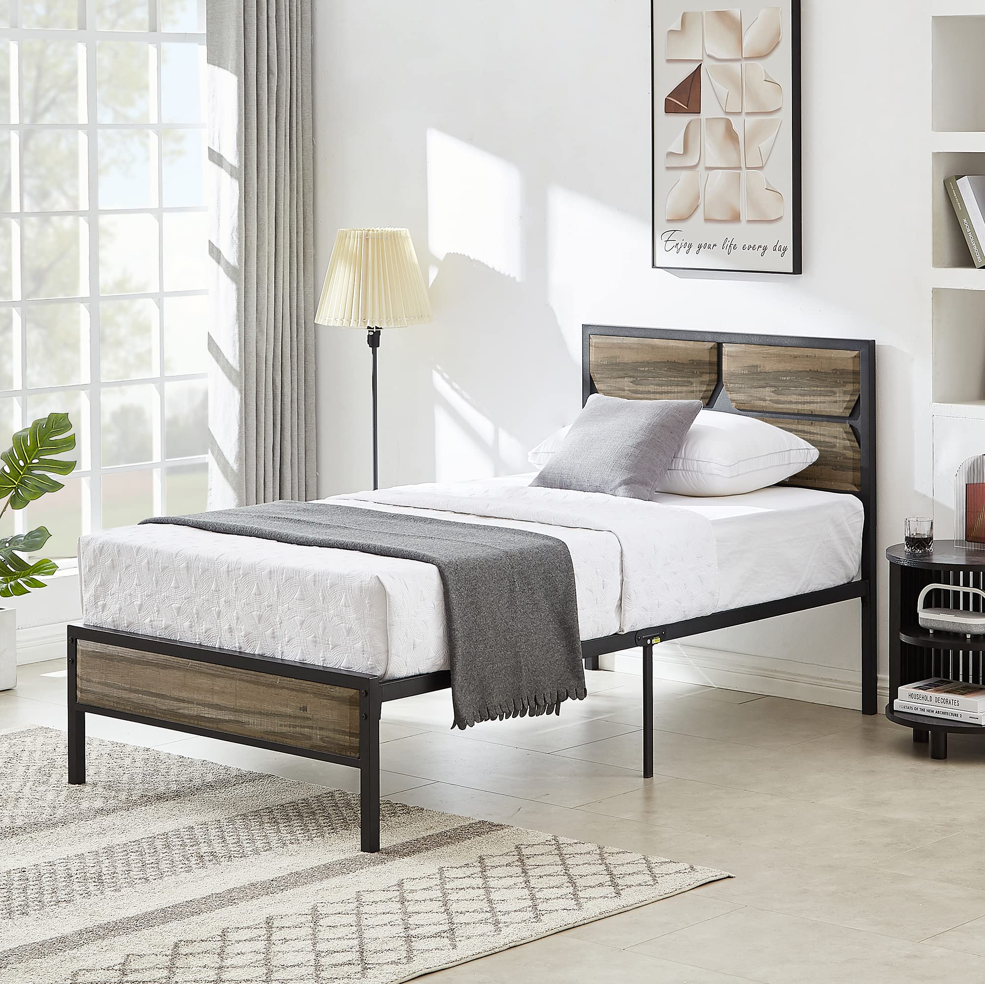 VECELO Twin Bed Frame Metal Platform with Wooden Headboard & Footboard Mattress Foundation Strong Metal Slats Support No Box Spring Replacement/Easy Assemble