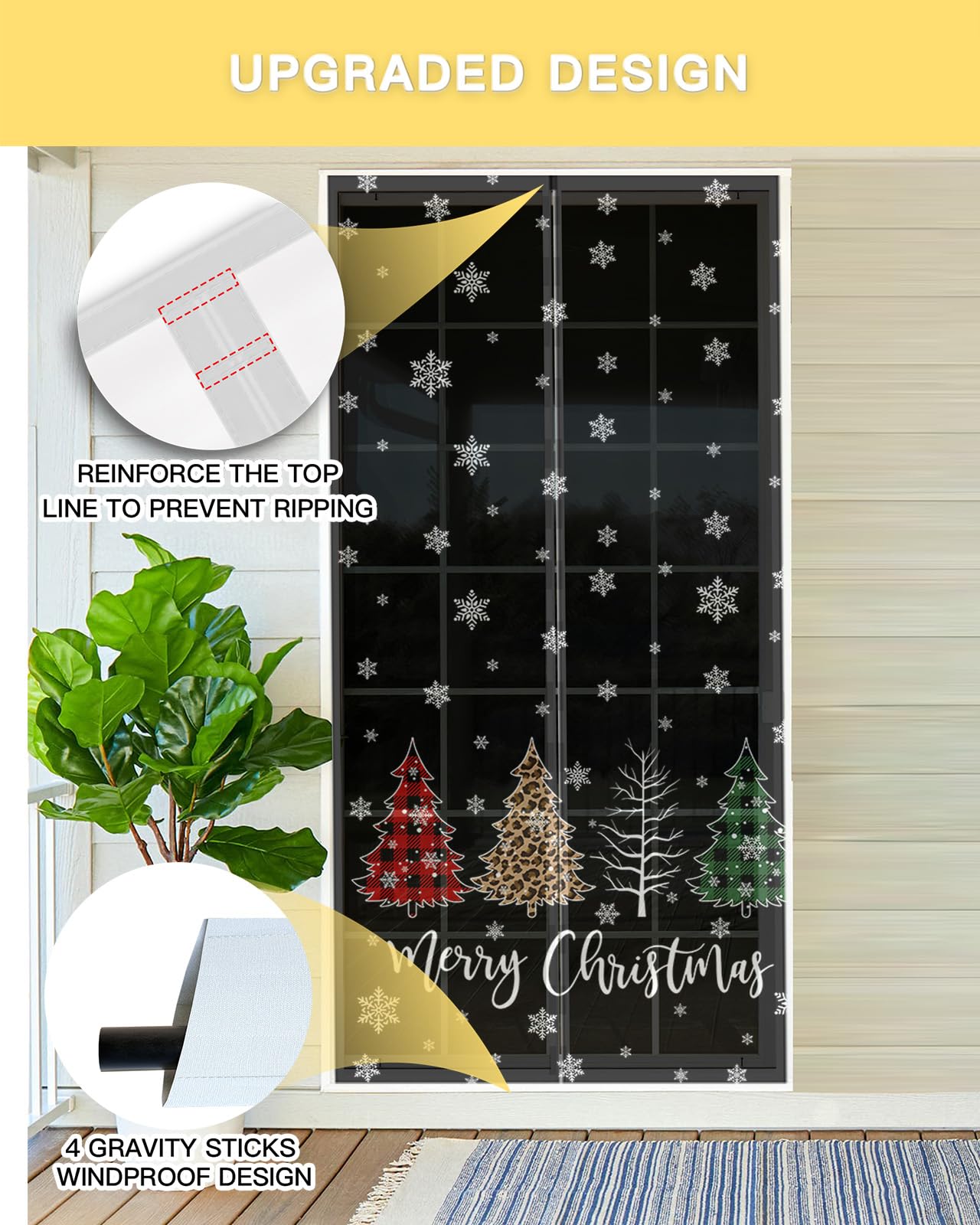 OComster Black Christmas Tree Magnetic Screen Door, Xmas Tree Winter Snowflake Hands Free Screen Mesh Size 38" x 83", Reinforce Heavy Duty Mesh Screen Doors for Patio/Front/Sliding Door