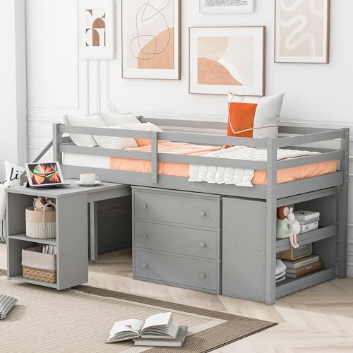VilroCaz Twin Size Low Loft Bed with Retractable Writing Desk and 3 Drawers, Wooden Loft Bed Frame with Storage Stairs and Shelves for Kids Teens Boys Girls, Sturdy Slats Support (Grey-SRT)