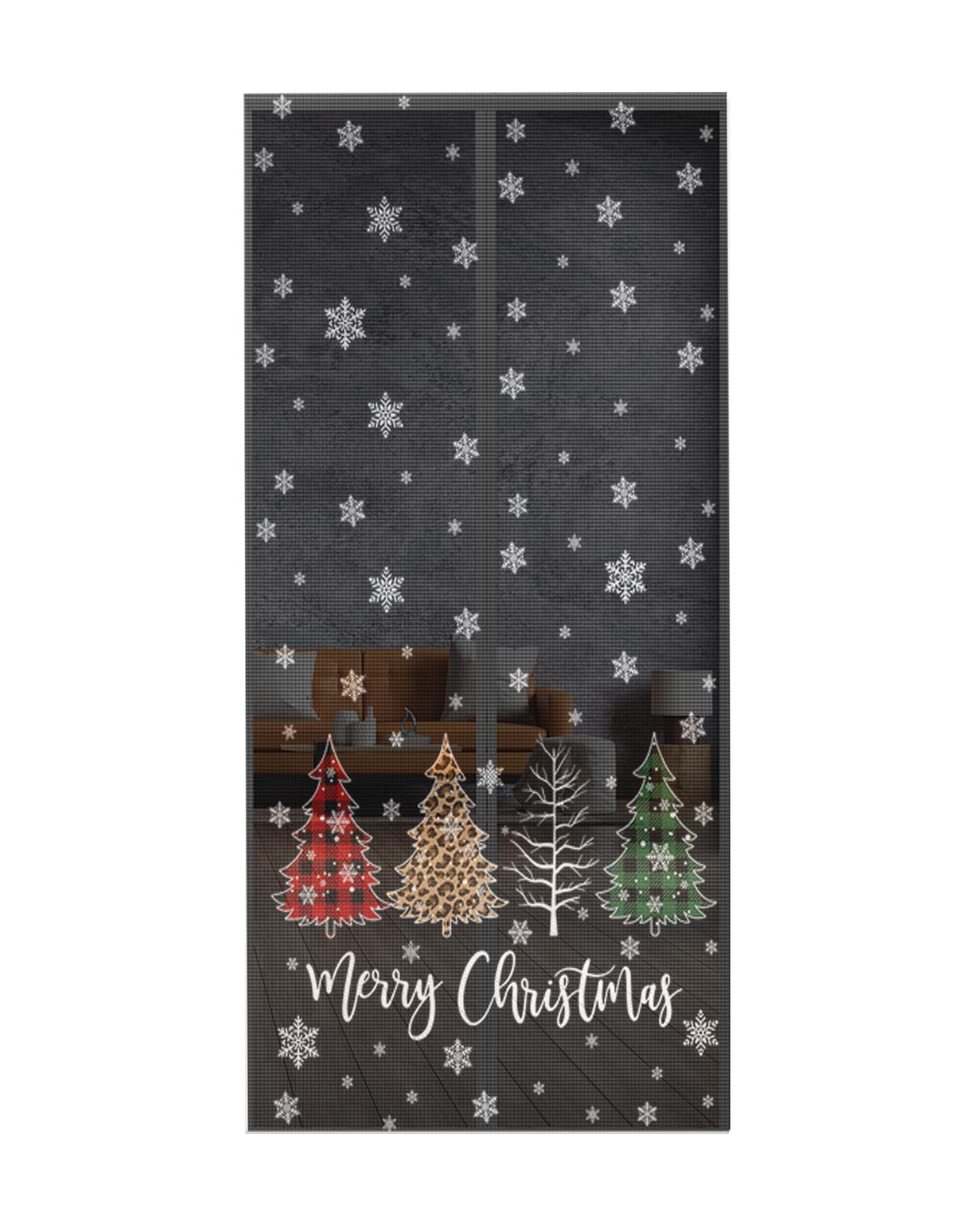 OComster Black Christmas Tree Magnetic Screen Door, Xmas Tree Winter Snowflake Hands Free Screen Mesh Size 38" x 83", Reinforce Heavy Duty Mesh Screen Doors for Patio/Front/Sliding Door