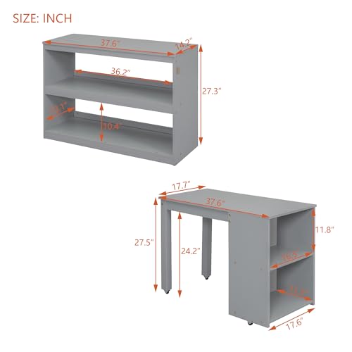 VilroCaz Twin Size Low Loft Bed with Retractable Writing Desk and 3 Drawers, Wooden Loft Bed Frame with Storage Stairs and Shelves for Kids Teens Boys Girls, Sturdy Slats Support (Grey-SRT)