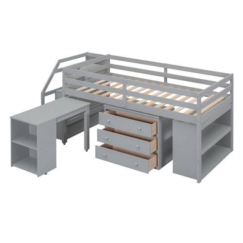 VilroCaz Twin Size Low Loft Bed with Retractable Writing Desk and 3 Drawers, Wooden Loft Bed Frame with Storage Stairs and Shelves for Kids Teens Boys Girls, Sturdy Slats Support (Grey-SRT)