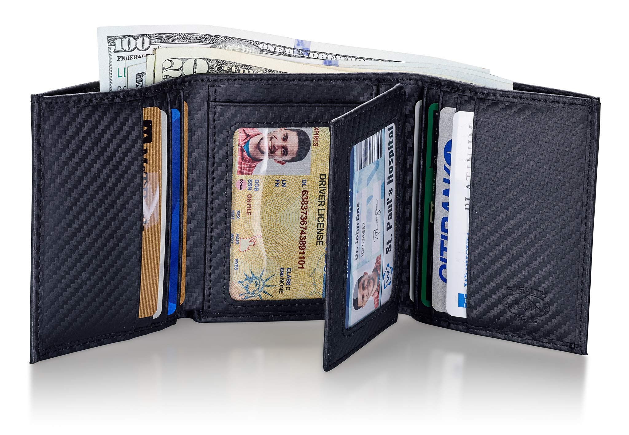 Stealth Mode Carbon Fiber Trifold RFID Wallet For Men With Flip Out ID Holder (Carbon Fiber)