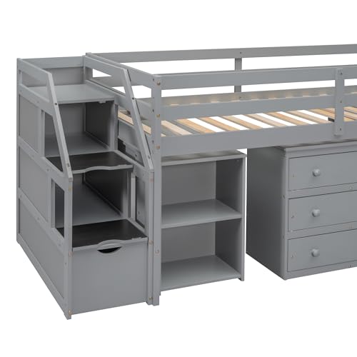 VilroCaz Twin Size Low Loft Bed with Retractable Writing Desk and 3 Drawers, Wooden Loft Bed Frame with Storage Stairs and Shelves for Kids Teens Boys Girls, Sturdy Slats Support (Grey-SRT)