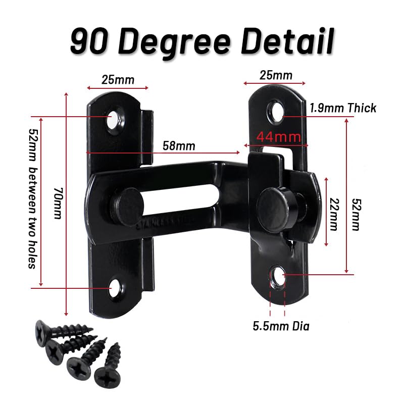 Door Lock Barn Latch(2 Pack with Screw Set) - Door Lock Latch Sliding Lock - Home Security Door Lock for Barn Bathroom, Garage, Bedroom, Cabinet (90 Degree x 2 Set)