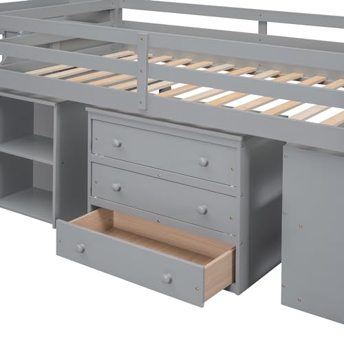 VilroCaz Twin Size Low Loft Bed with Retractable Writing Desk and 3 Drawers, Wooden Loft Bed Frame with Storage Stairs and Shelves for Kids Teens Boys Girls, Sturdy Slats Support (Grey-SRT)