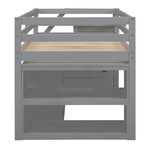 VilroCaz Twin Size Low Loft Bed with Retractable Writing Desk and 3 Drawers, Wooden Loft Bed Frame with Storage Stairs and Shelves for Kids Teens Boys Girls, Sturdy Slats Support (Grey-SRT)