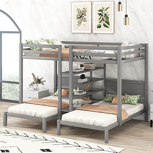 BOVZA Modern Triple Bunk Bed Frame, Twin XL Over Twin&Twin Wooden Bunk Bed with Built-in 4 Shelves and Ladder, Saving Space, Gray