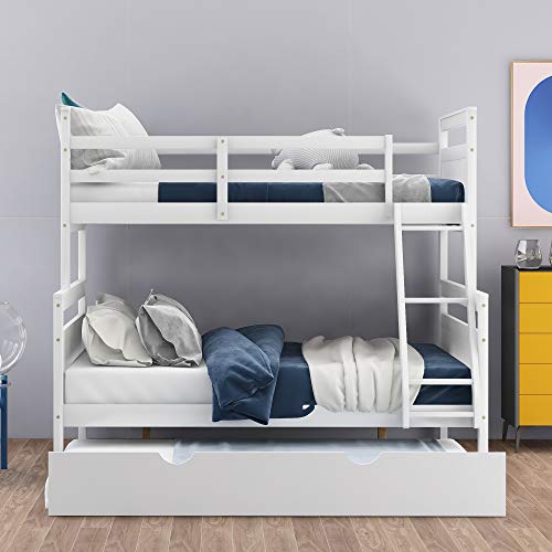 DEYOBED Twin Over Full Bunk Bed with Twin Size Trundle, Wooden Bed Frame with Ladder and Safety Guardrail for Kids Boy Girls, Can Convertible into 2 Separated Beds, White