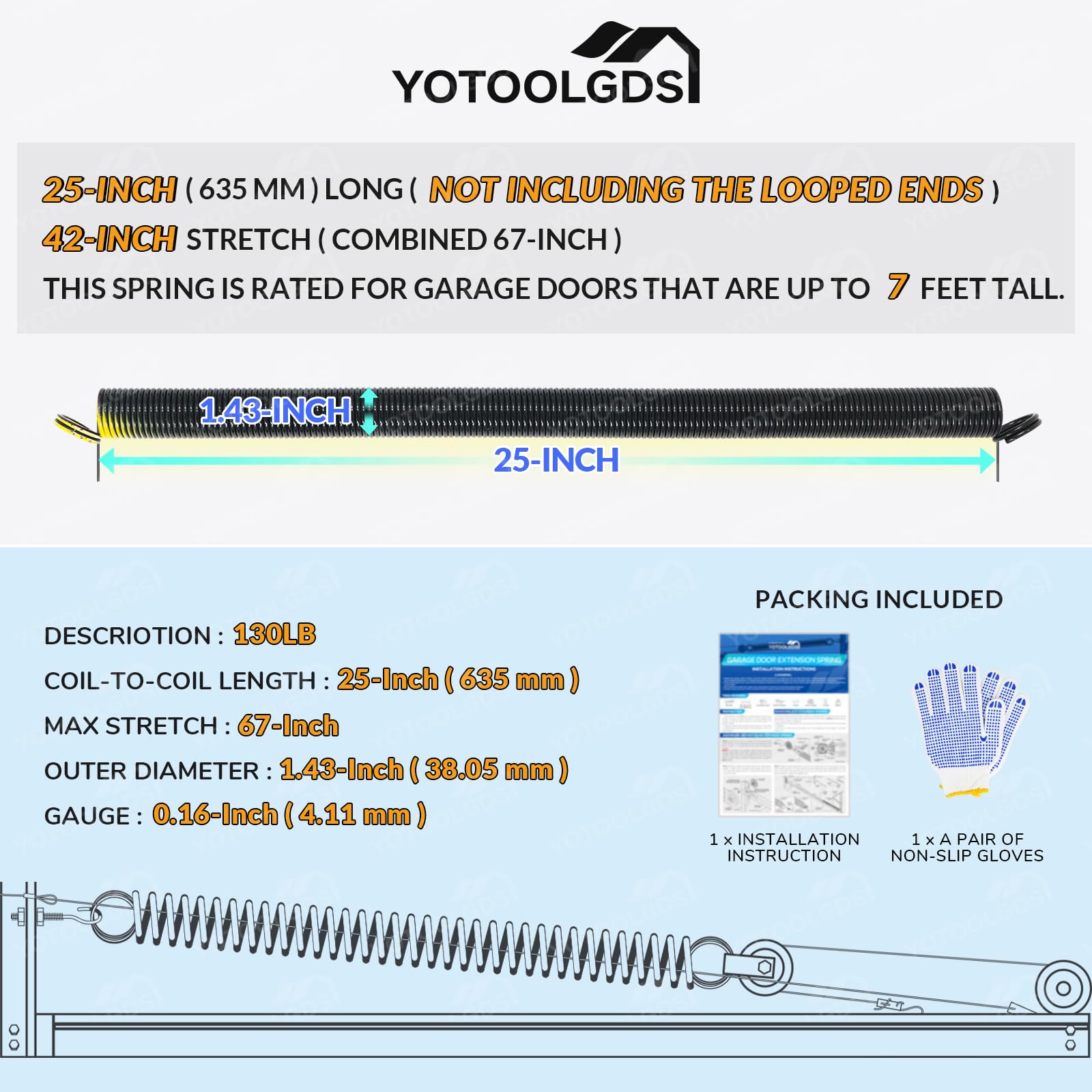 YoTooLGDS Pair of 130 lbs Heavy Duty Garage Door Extension Springs Stretch Springs, 25β Long, Double Loop Ends, High Precision Electrophoresis Black Coated,MIN 16,000 Cycles,for 7ft High Garage Doors
