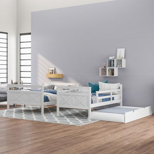 DEYOBED Twin Over Full Bunk Bed with Twin Size Trundle, Wooden Bed Frame with Ladder and Safety Guardrail for Kids Boy Girls, Can Convertible into 2 Separated Beds, White