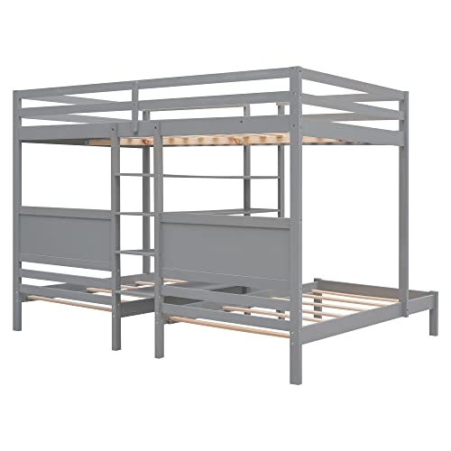 BOVZA Modern Triple Bunk Bed Frame, Twin XL Over Twin&Twin Wooden Bunk Bed with Built-in 4 Shelves and Ladder, Saving Space, Gray