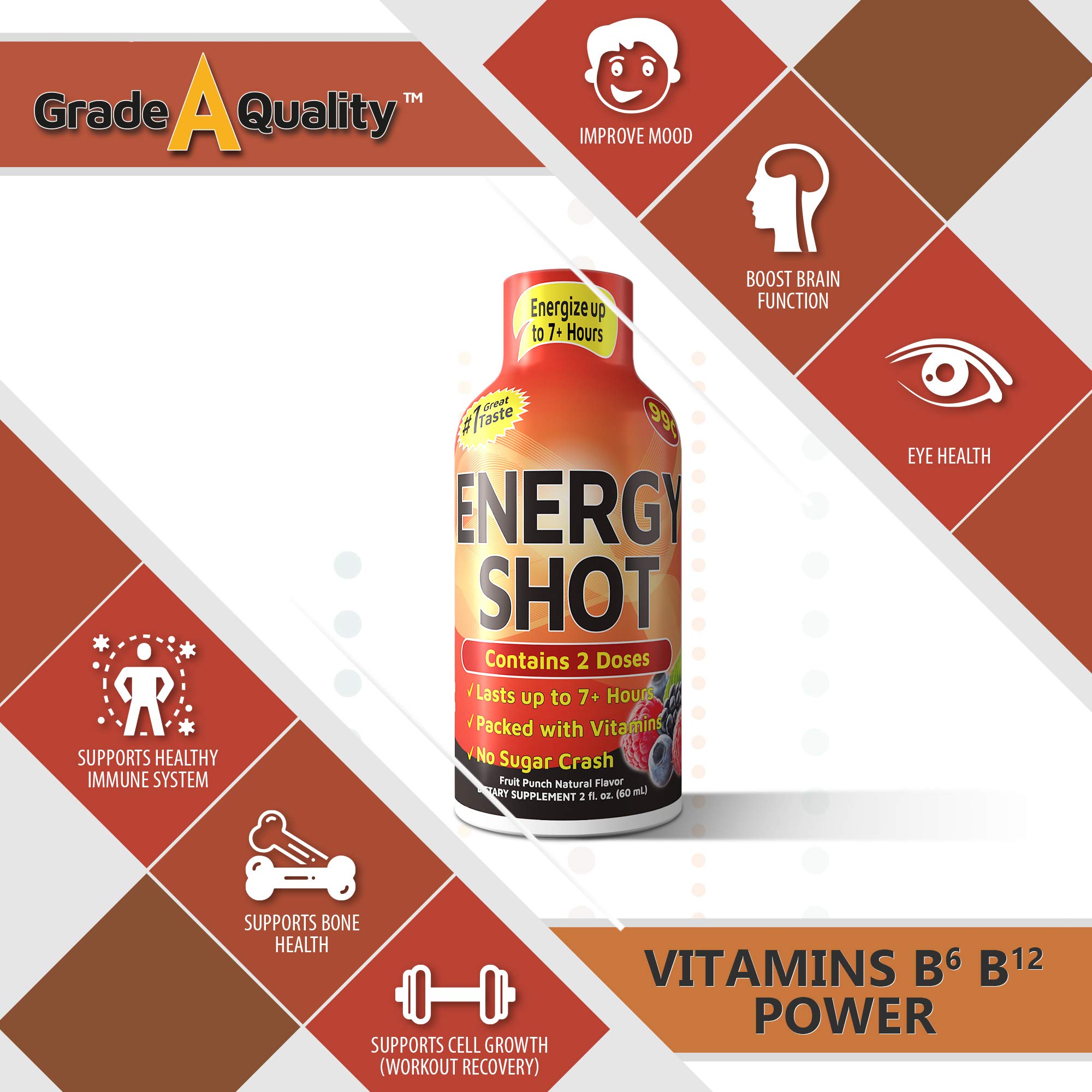 Grade A Quality Shots, Fruit Punch Flavor, Up to 7+ Hours of Energy, 1.93 Fl Oz, 12 Count