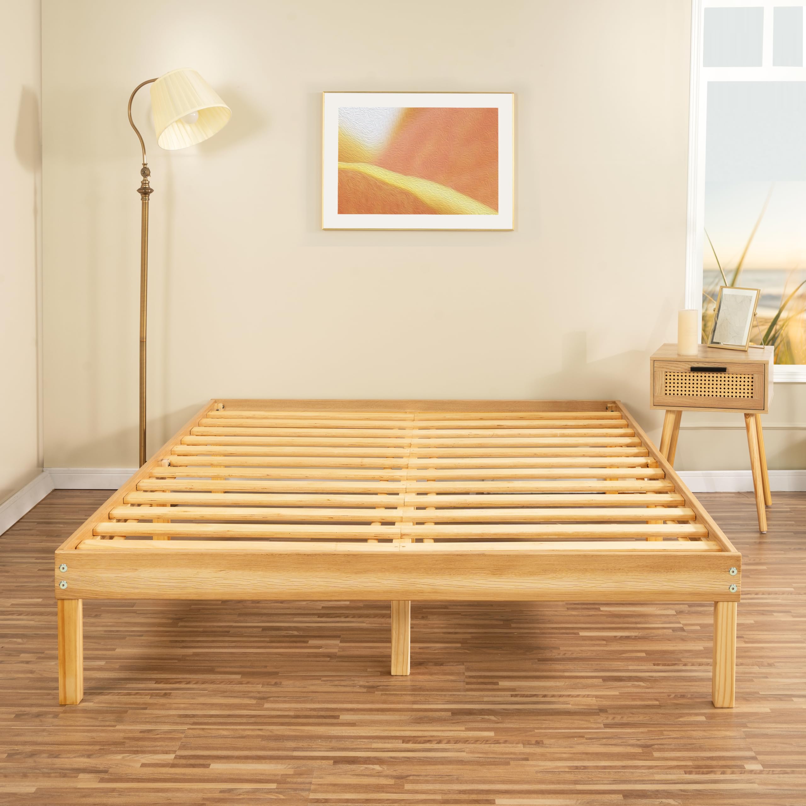 Naomi Home Lucia 14 Inch Solid Wood Platform Bed Full Bed Frame, Pine Wood, No Squeak, Full Size, No Box Spring Needed, Sturdy Bed Frame - Natural