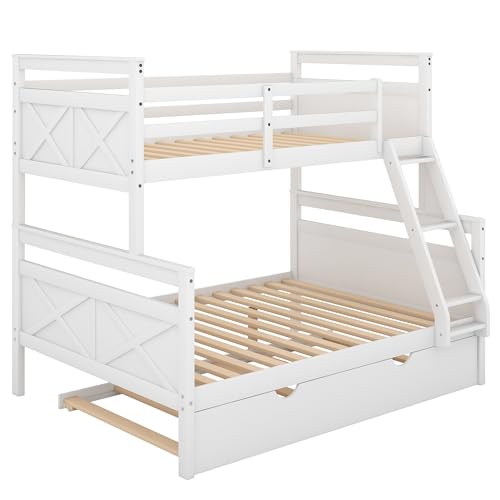 DEYOBED Twin Over Full Bunk Bed with Twin Size Trundle, Wooden Bed Frame with Ladder and Safety Guardrail for Kids Boy Girls, Can Convertible into 2 Separated Beds, White