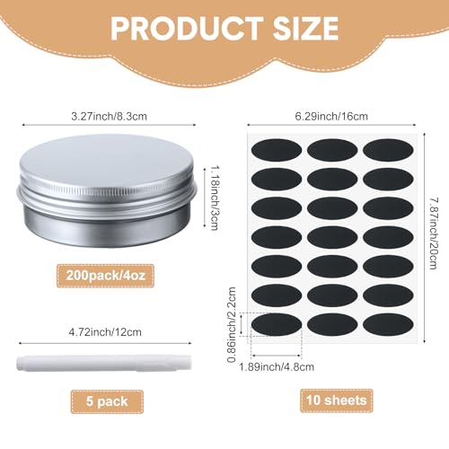 200 Pack Metal Tins Aluminum Containers with Lids Screw Top Round Tin Cans for Cosmetic Lip Balm DIY Salves Candles Wax with 5 Markers 10 Sheets Label Stickers (4 oz, Silver)