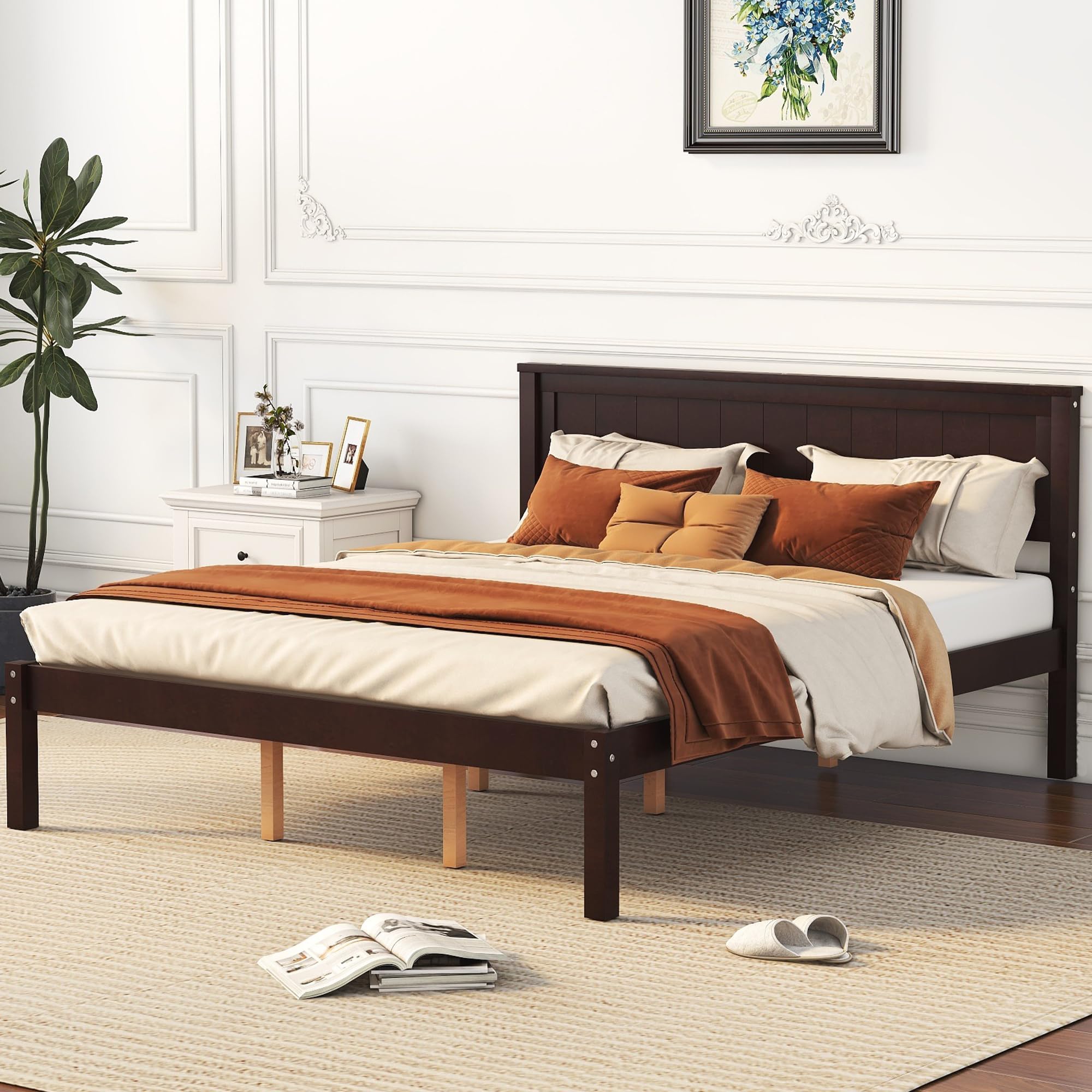 Harper & Bright Designs Wood Queen Size Bed Frame with Headboard and Footboard, Queen Size Platform Bed with Wooden Slat Support for Boys, Girls,No Box Spring Needed,Espresso