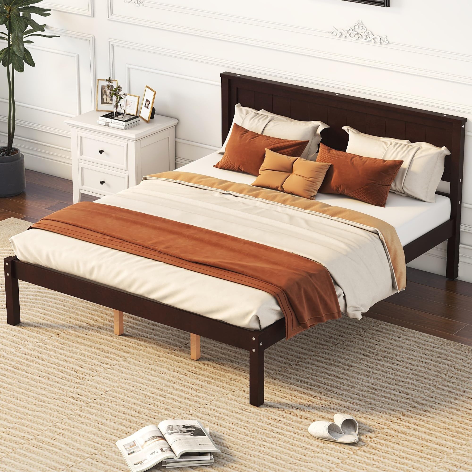 Harper & Bright Designs Wood Queen Size Bed Frame with Headboard and Footboard, Queen Size Platform Bed with Wooden Slat Support for Boys, Girls,No Box Spring Needed,Espresso
