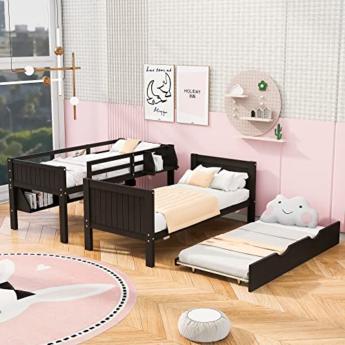 HBRR Twin Over Twin Bunk Bed with Trundle and Bookshelf, Wooden Separable BunkBed Frame for Kids Teens Adults, No Box Spring Needed, Espresso