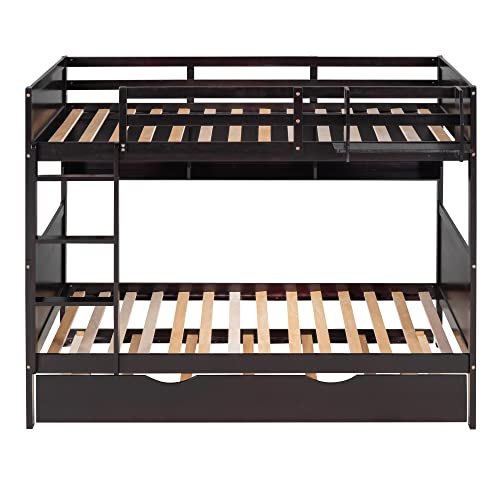 HBRR Twin Over Twin Bunk Bed with Trundle and Bookshelf, Wooden Separable BunkBed Frame for Kids Teens Adults, No Box Spring Needed, Espresso