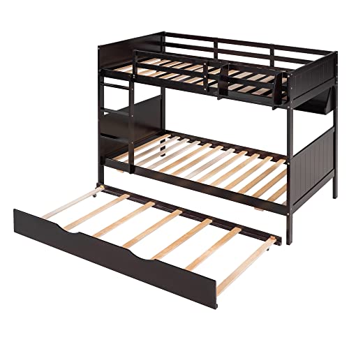 HBRR Twin Over Twin Bunk Bed with Trundle and Bookshelf, Wooden Separable BunkBed Frame for Kids Teens Adults, No Box Spring Needed, Espresso