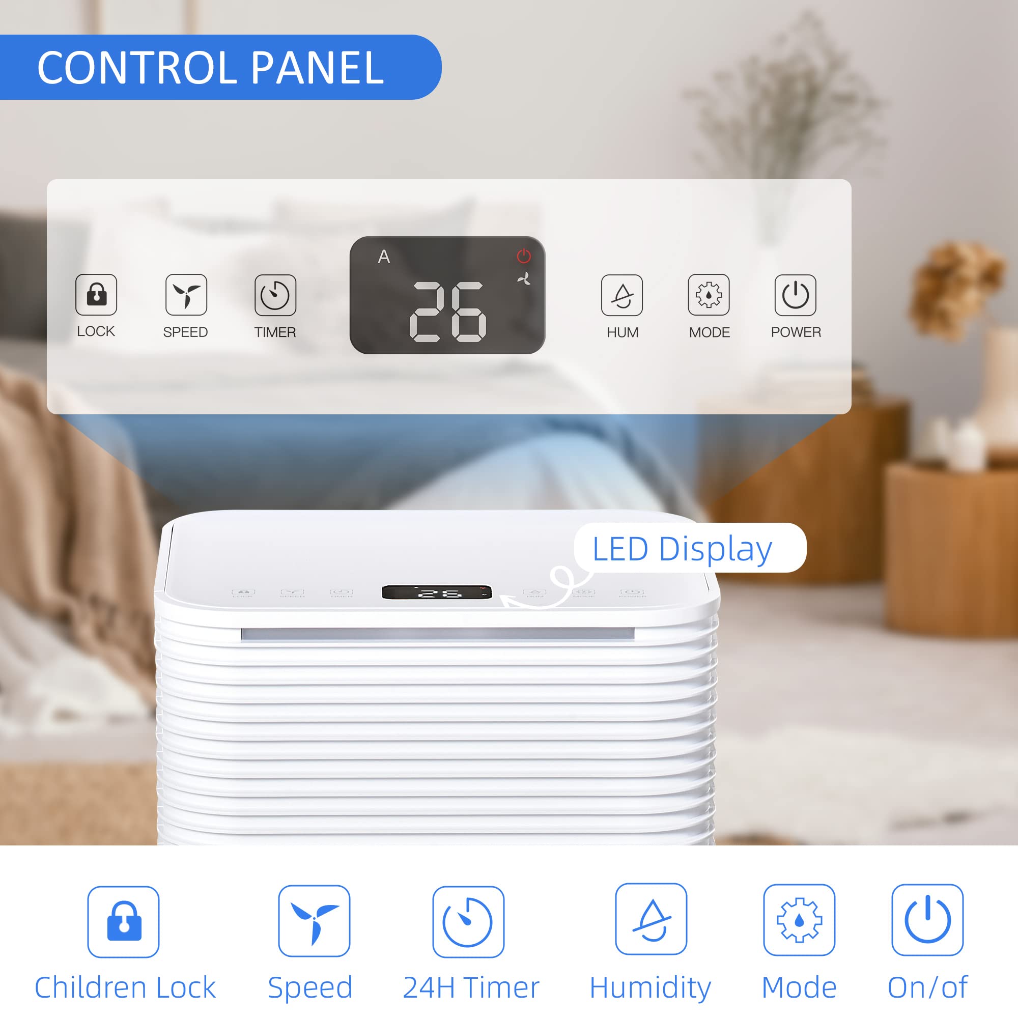 HOMCOM 1260 Sq. Ft Portable Electric Dehumidifiers with 3 Color Lights, LED Display, Quiet Dehumidifier for Basements, Bedroom, Bathroom, Closet, RV, 21pt/Day, White