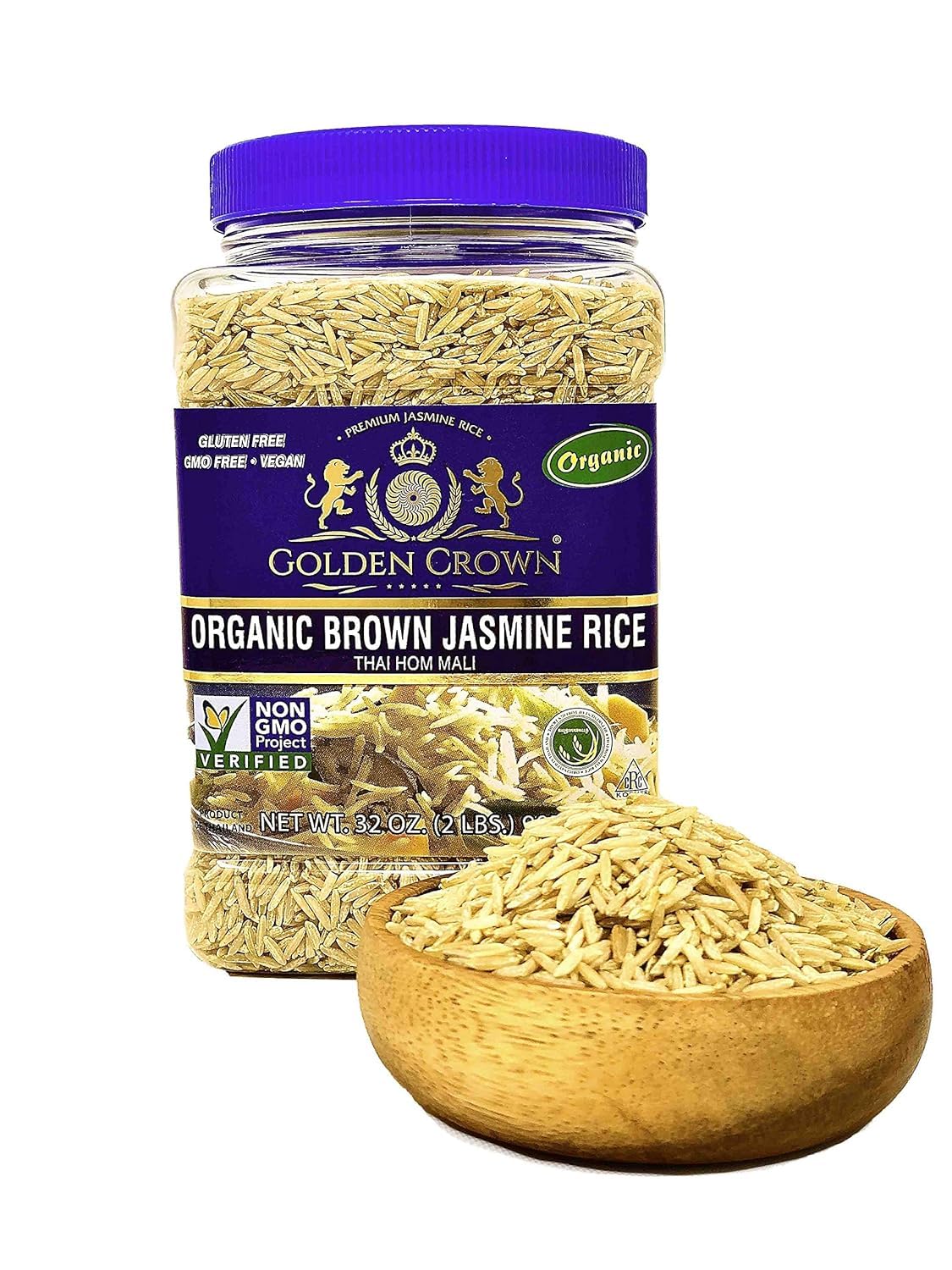 Golden Crown Organic Brown Jasmine Rice, Naturally Aged Halal + Kosher, Extra Long Aromatic Tasty and Delicious Flavorful Gluten-Free Whole Grains From Thai HOM Mali, Non-GMO - 32 oz (2LB)