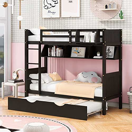 HBRR Twin Over Twin Bunk Bed with Trundle and Bookshelf, Wooden Separable BunkBed Frame for Kids Teens Adults, No Box Spring Needed, Espresso
