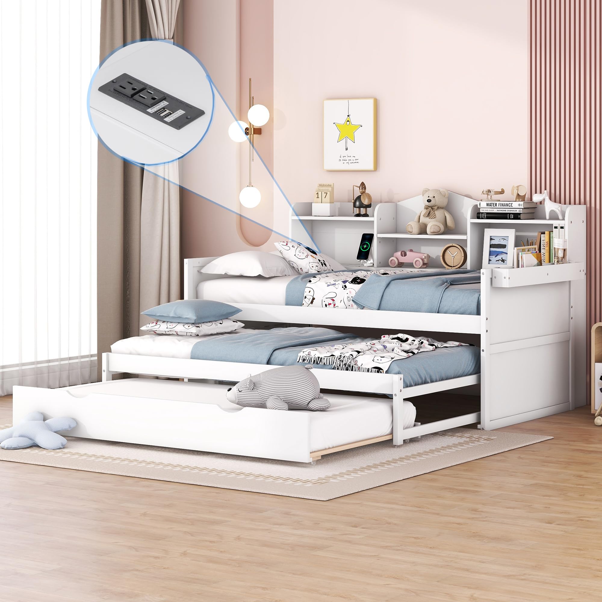 Merax Wooden Storage Shelf, Twin XL Daybed with 2 Trundle, White