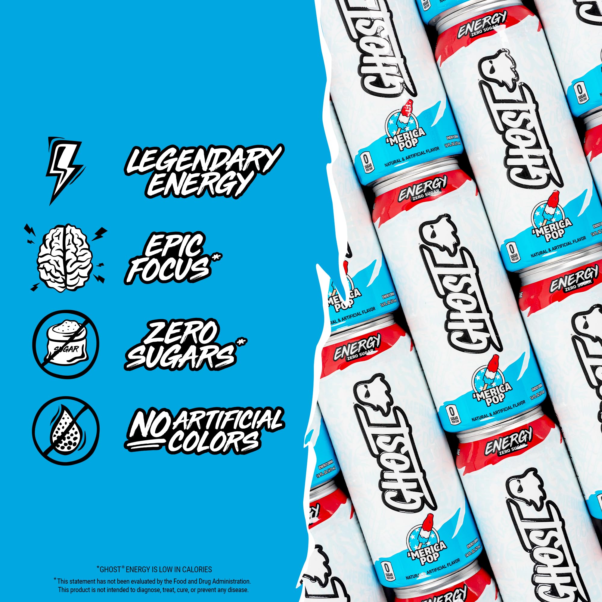 GHOST Energy Drink - 12-Pack, 'Merica Pop, 16oz Cans - Energy & Focus & No Artificial Colors - 200mg of Natural Caffeine, L-Carnitine & Taurine - Gluten-Free & Vegan