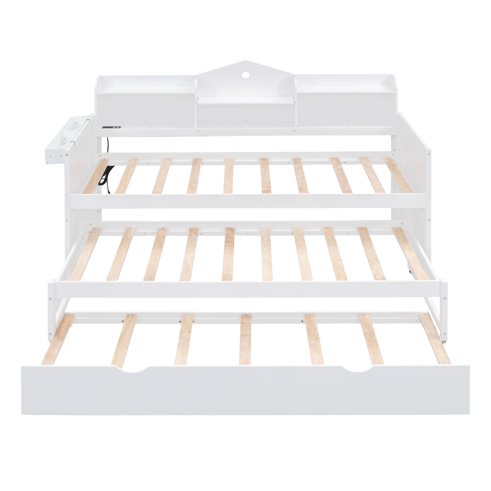 Merax Wooden Storage Shelf, Twin XL Daybed with 2 Trundle, White