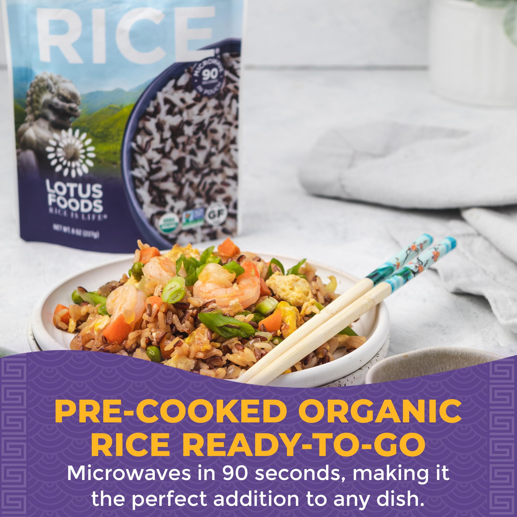 Lotus Foods Organic White Jasmine & Forbidden Rice Heat & Eat Pouch - Jasmine Rice, Gluten Free White Rice, Forbidden Back Rice, Instant Microwave Rice, Pre Cooked, GF, USDA Organic - 8 Oz (6 Pack)