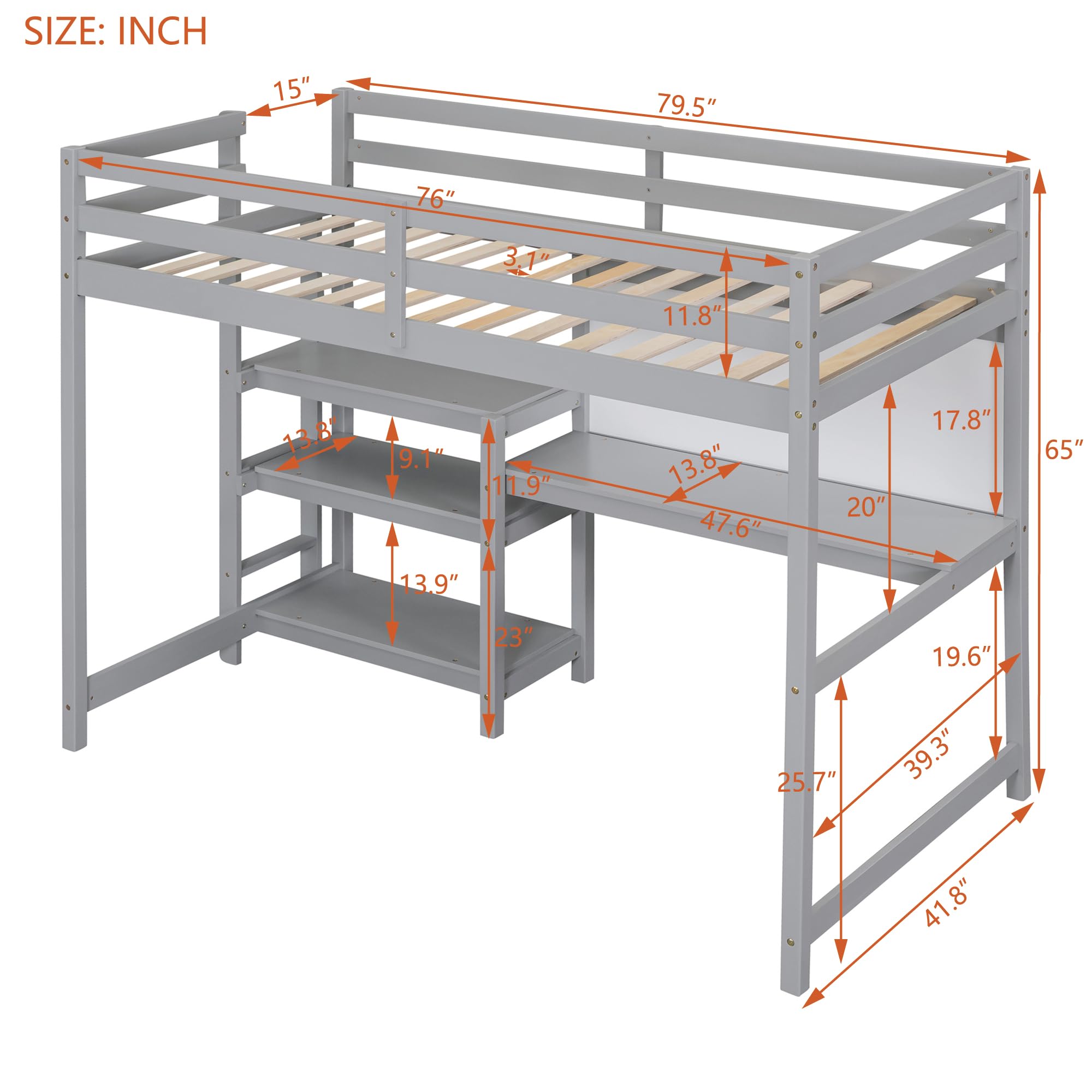GINGVAT Twin Size Loft Bed with Desk and Shelves,Wooden Loft Bed Frame with Writing Board,for Kids Teens Boys Girls,No Spring Box Needed,Gray