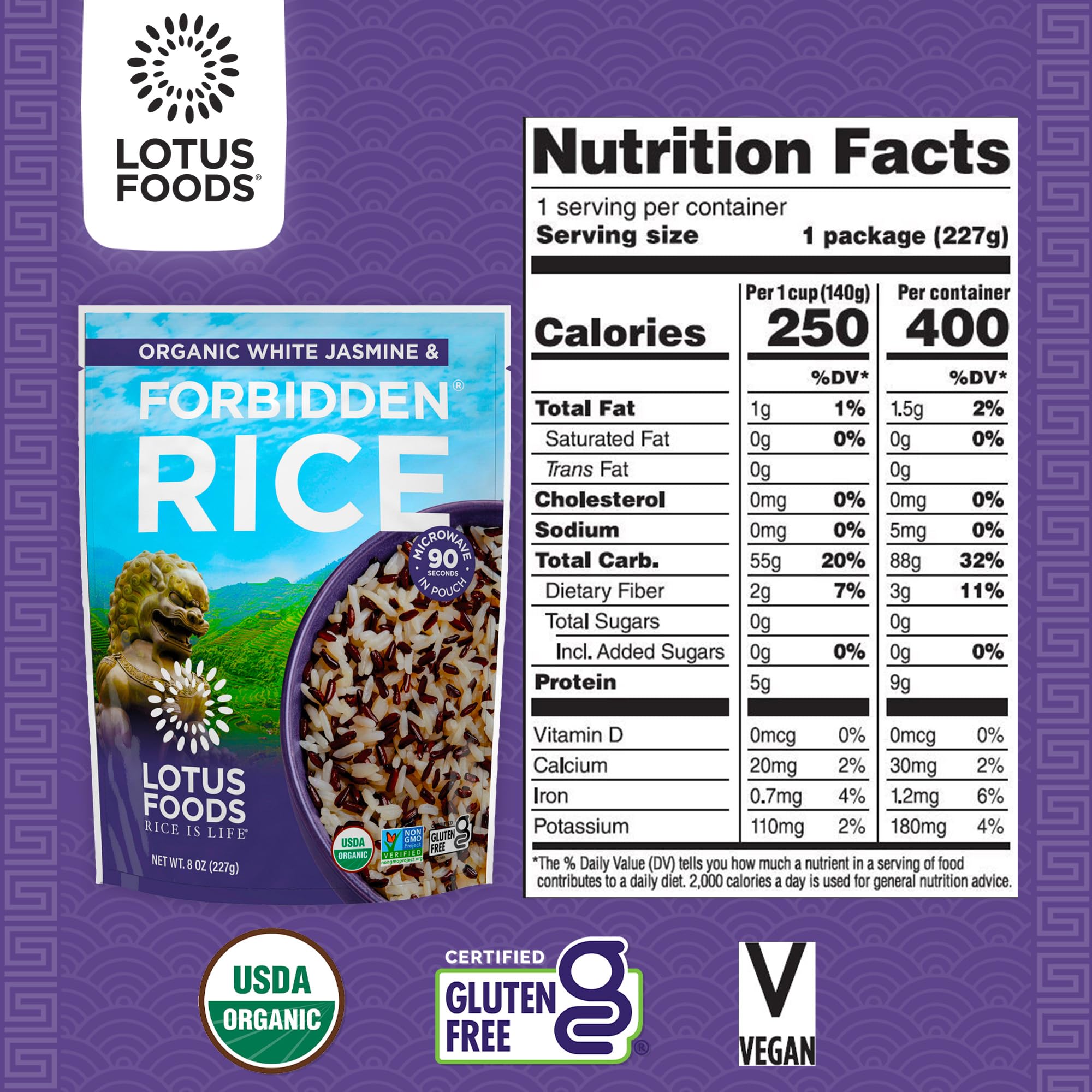 Lotus Foods Organic White Jasmine & Forbidden Rice Heat & Eat Pouch - Jasmine Rice, Gluten Free White Rice, Forbidden Back Rice, Instant Microwave Rice, Pre Cooked, GF, USDA Organic - 8 Oz (6 Pack)