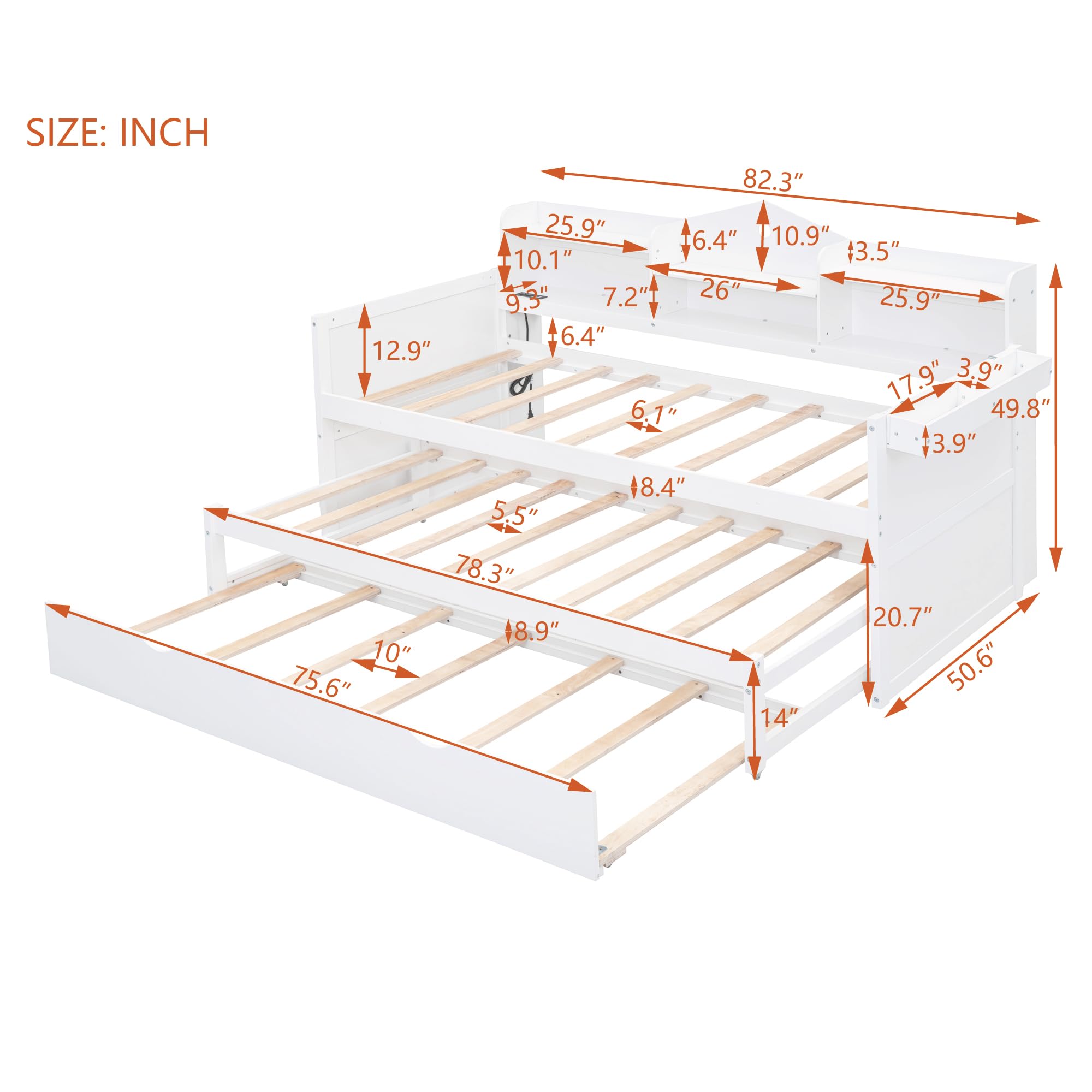 Merax Wooden Storage Shelf, Twin XL Daybed with 2 Trundle, White