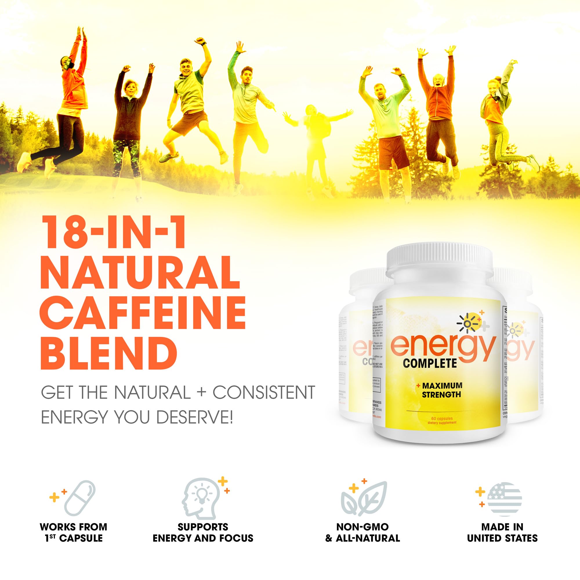 Energy Complete - 18-in-1 Vegan Energy and Focus Supplement - Vegan Caffeine Pills (60 Daily Capsules)